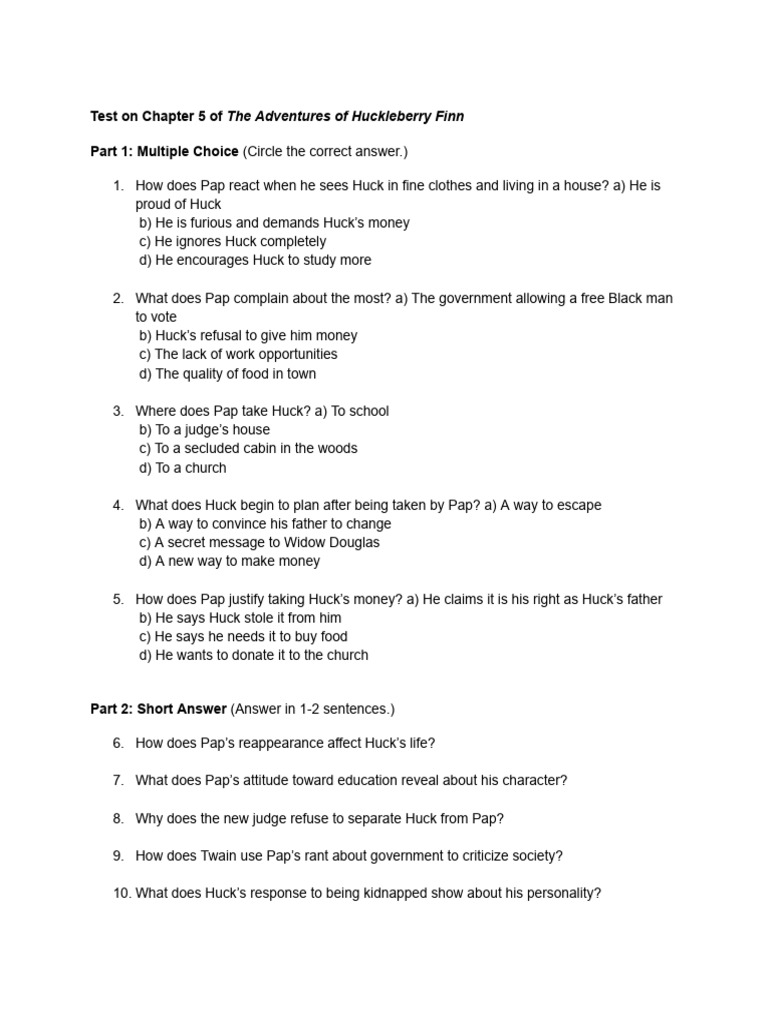 Chapter 5 Huckleberry Finn Test | PDF
