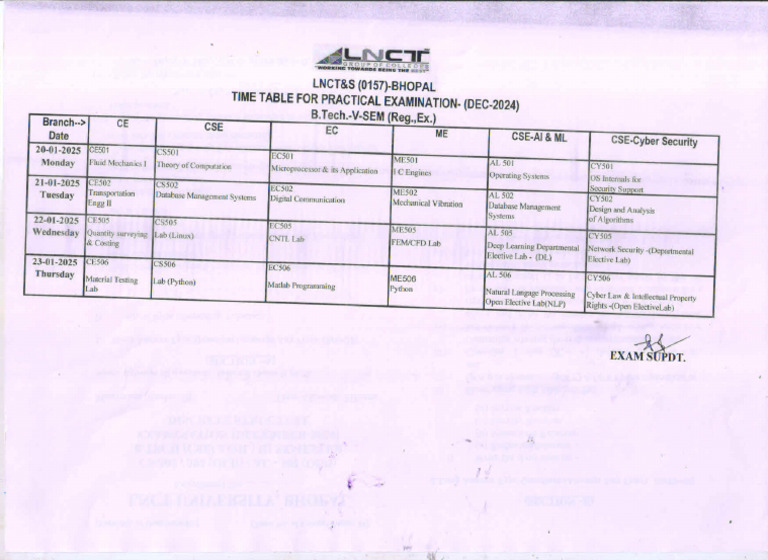 Timetable LNCTS B. Tech V-Sem (Reg. Ex.) Practical Exam (Dec 2024) | PDF