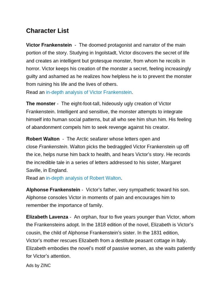 Key Characters in Frankenstein Explained | PDF | Frankenstein | Prometheus