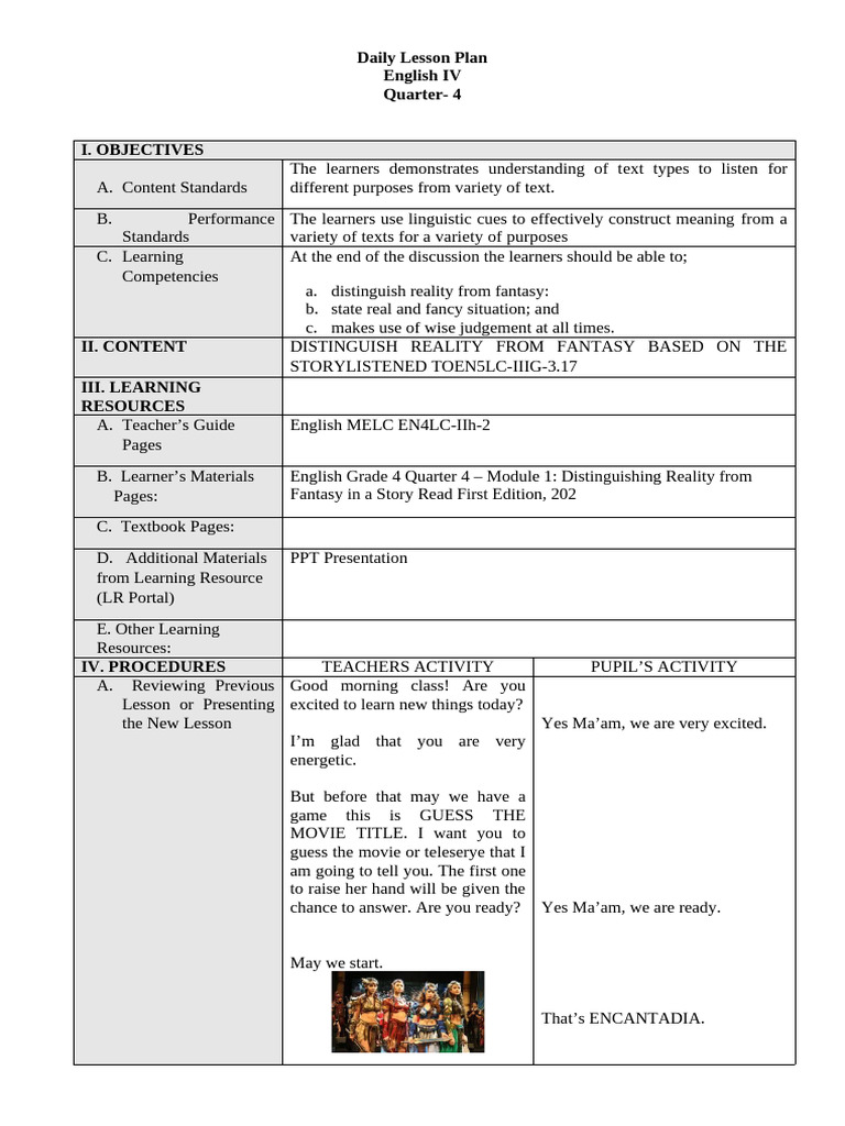 Detailed Lesson Plan English Reality vs. Fantasy | PDF | Dream | Reality