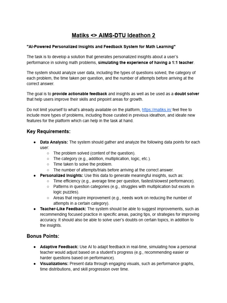 AI Teacher Matiks - AIMS-DTU Ideathon 2 | PDF | Artificial Intelligence | Intelligence (AI ...