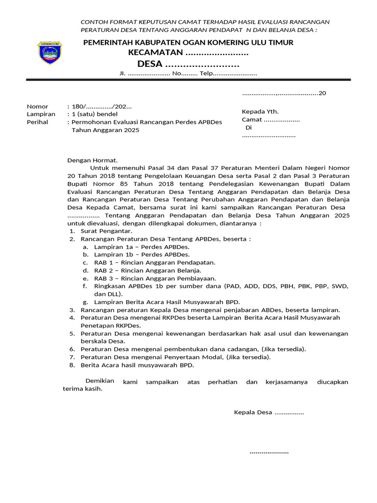 SK Camat Prihal Evaluasi Rancangan Apbdes | PDF