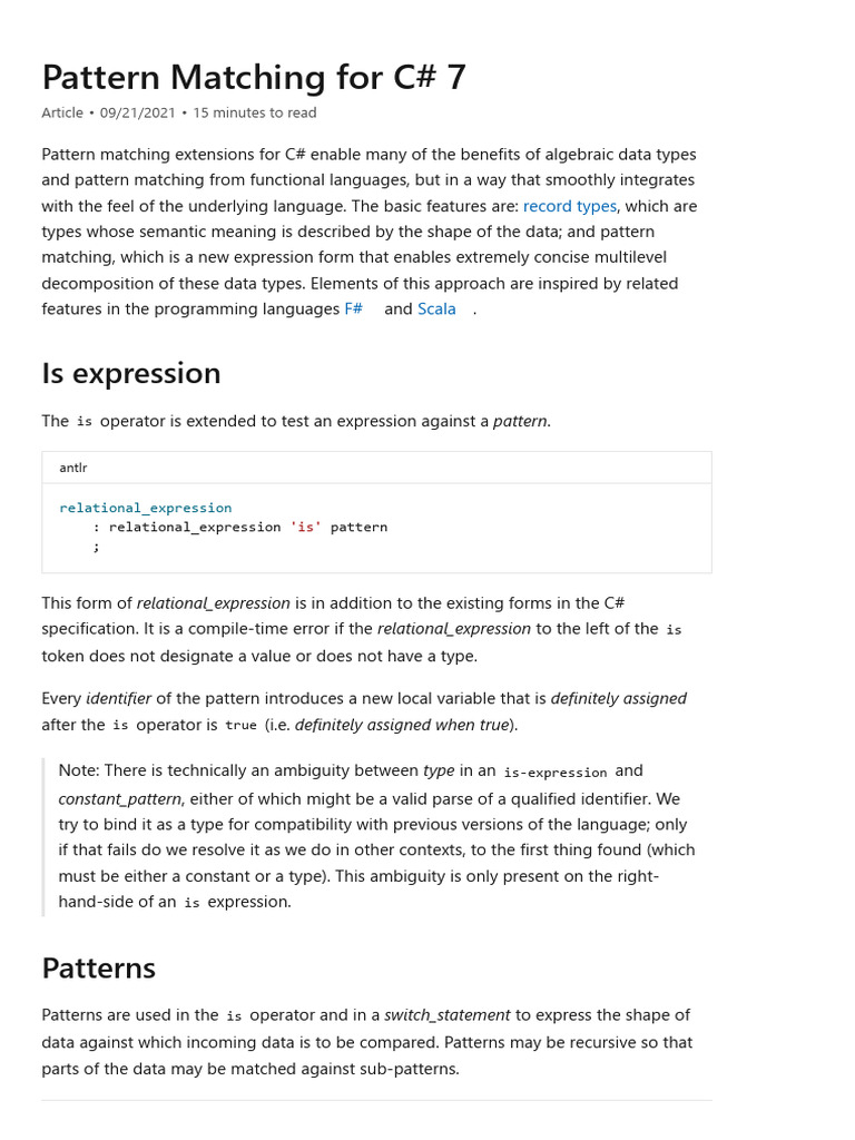 Pattern matching - C# 7.0 draft specifications _ Microsoft Learn | PDF ...