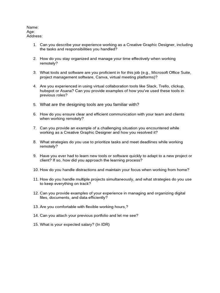 Interview Questions - Creative Graphic Designer | PDF