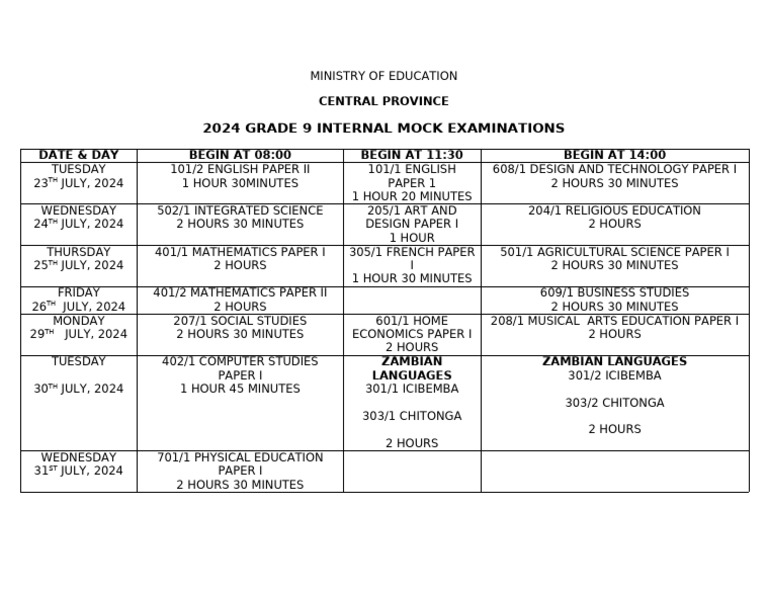 2024 Grade 9 Internal Mock Examination Timetable-1 | PDF