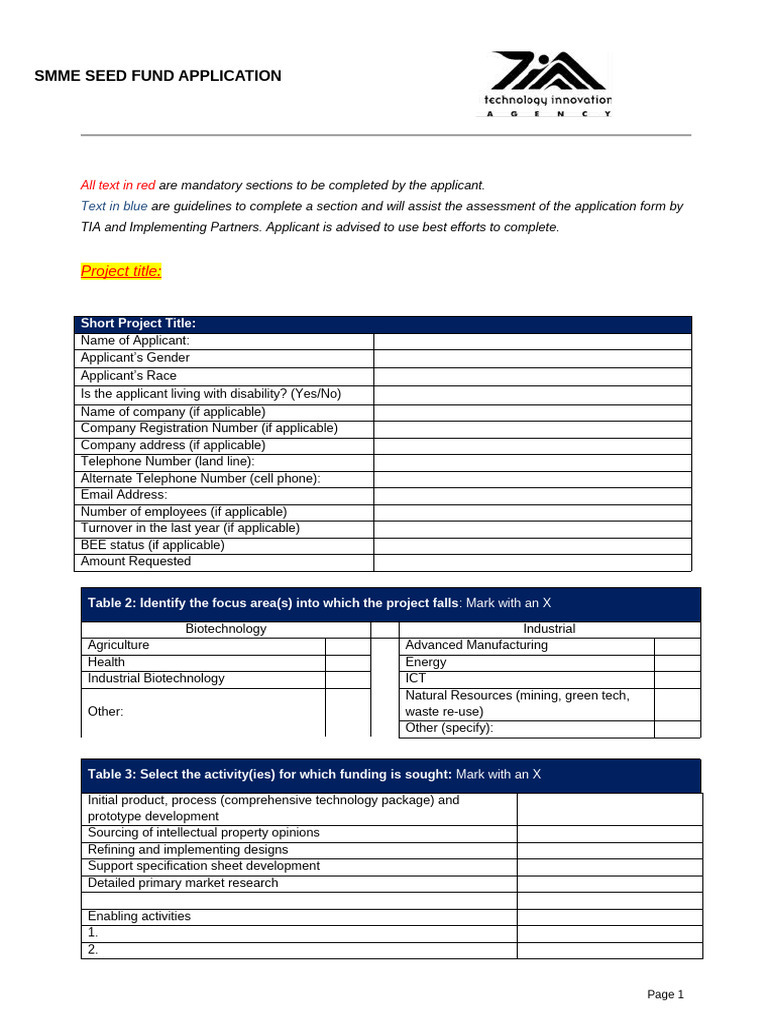 SMME Seed Fund TIA Application form template | PDF | Intellectual ...