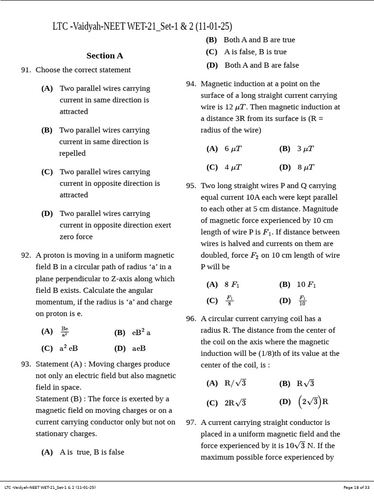 LTC -Vaidyah-NEET WET-21_Set-1 & 2 (11!01!25)_Phy_Qp_Updated | PDF ...