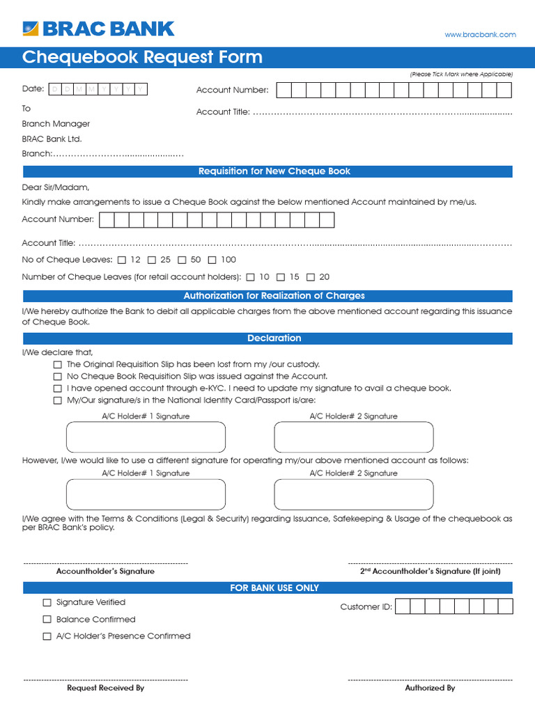 BRAC Bank Cheque Book Request Form | PDF | Cheque | Access Control