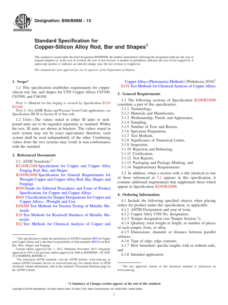 B98B98M-13 Standard Specification For Copper-Silicon Alloy Rod, Bar and ...