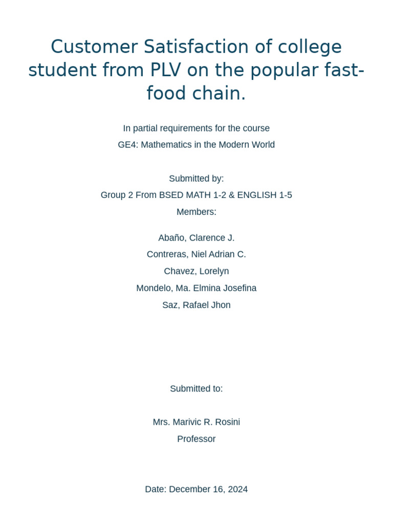 Customer Satisfaction of College Student From PLV On The Popular Fast | PDF | Restaurants | Food ...