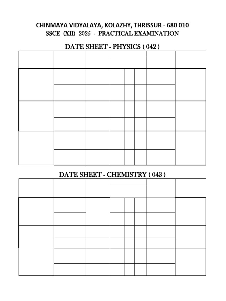 Date Sheet Practicals Xii Phy & Che | PDF
