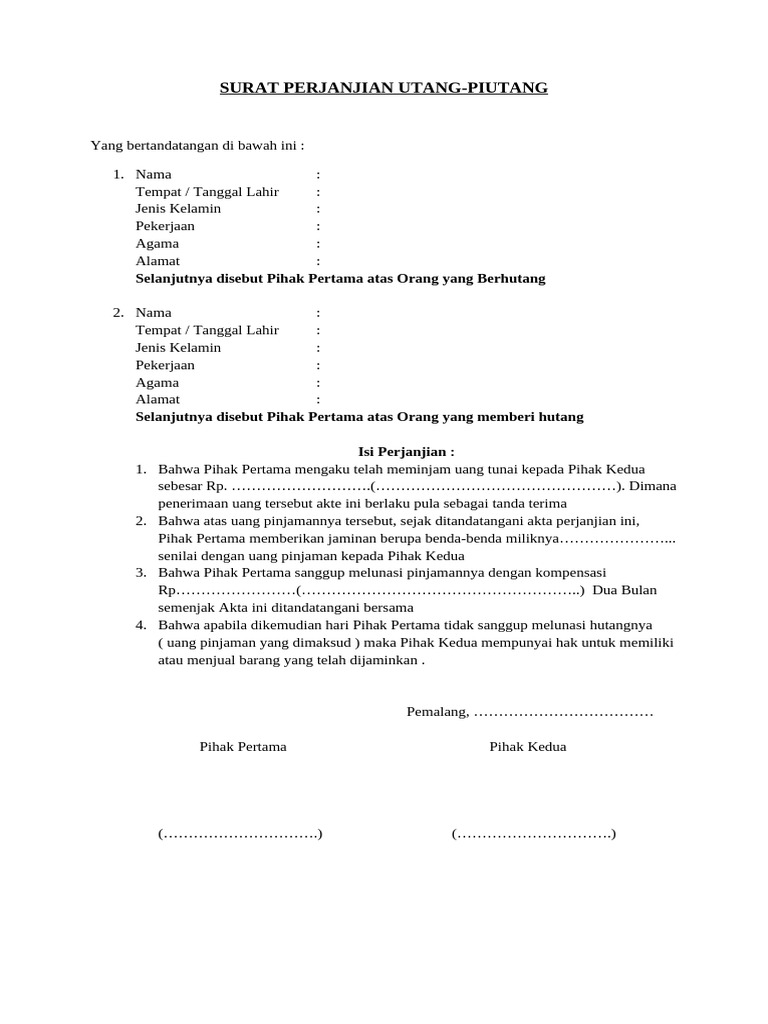 Surat Perjanjian Utang-Piutang Resmi | PDF