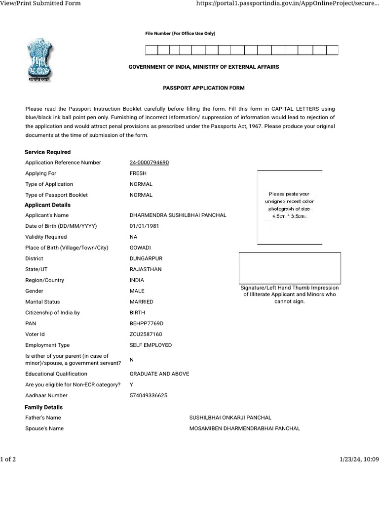 Indian Passport Application for Dharmendra Panchal | PDF | Passport ...
