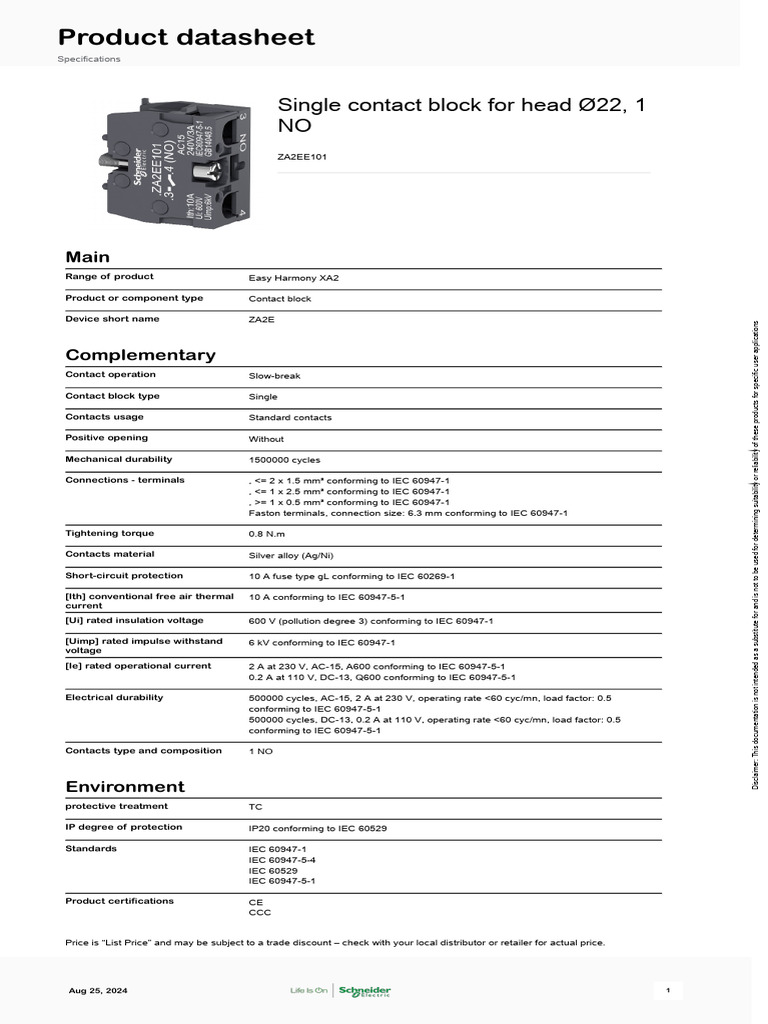 Single Contact Block ZA2EE101 Specifications | PDF | Fuse (Electrical ...