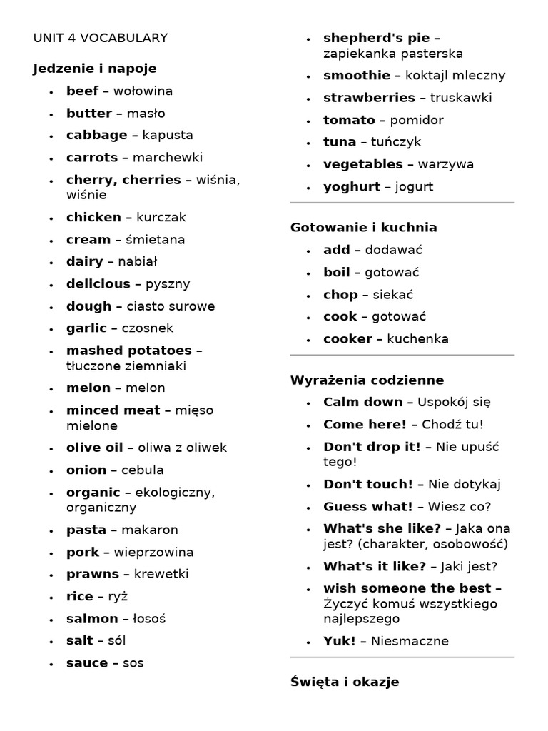Steps Plus 6 Unit 4 Vocabulary Food | PDF