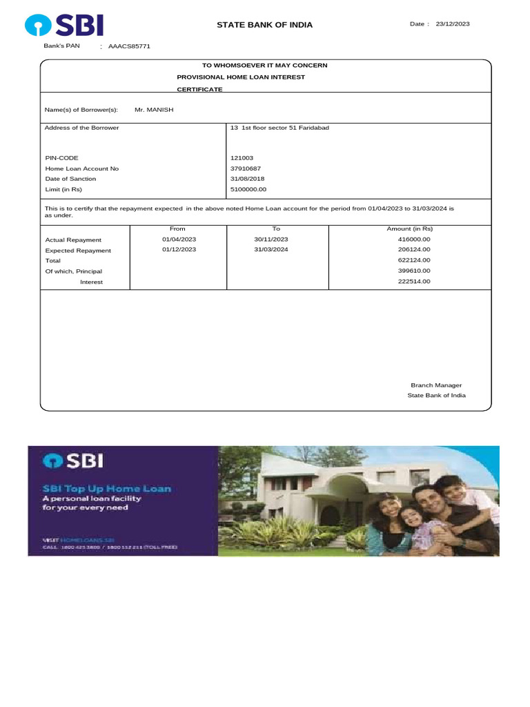 Provisional Home Loan Interest Certificate | PDF