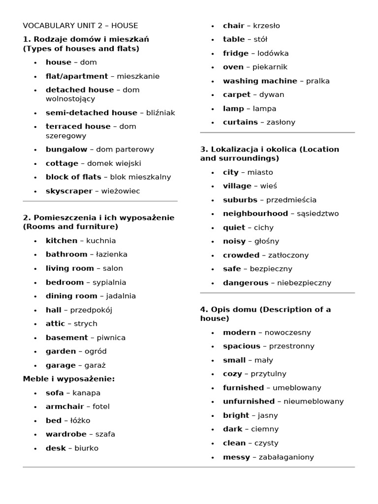 Unit 2 - House Home Dom Matura Basic Podstawowa Vocabulary | PDF