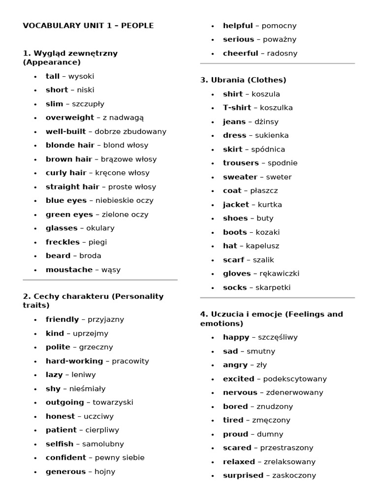 Unit 1 - People Człowiek Matura Basic Podstawowa Vocabulary | PDF