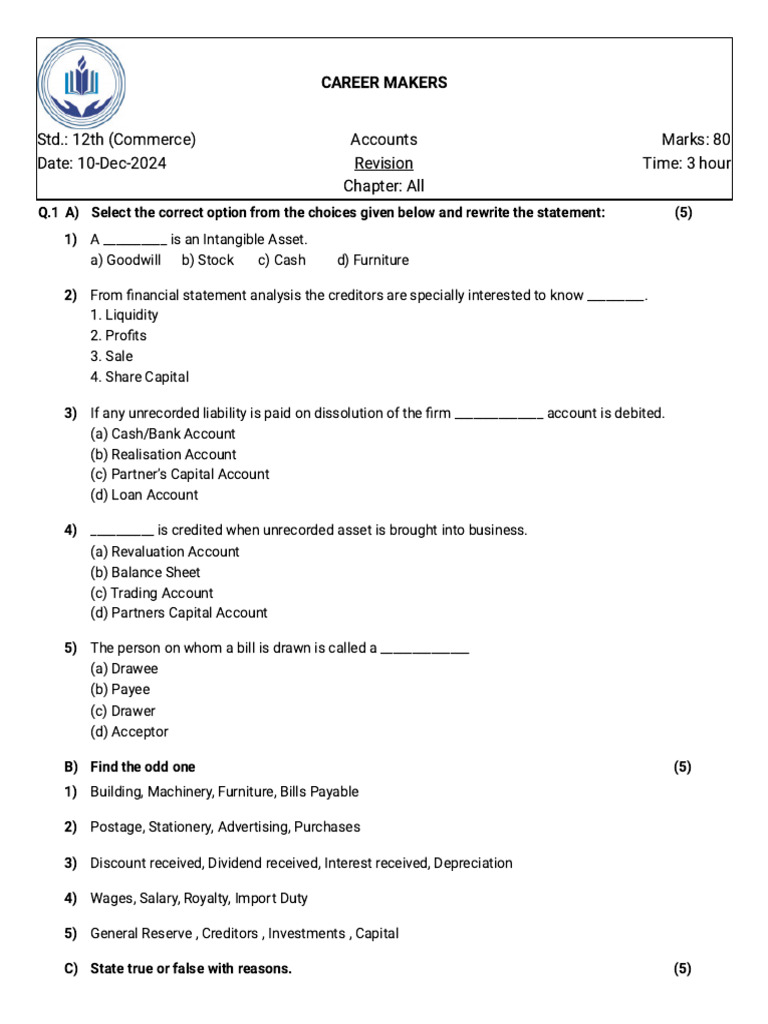Accounts Paper 1 Q | PDF | Balance Sheet | Goodwill (Accounting)