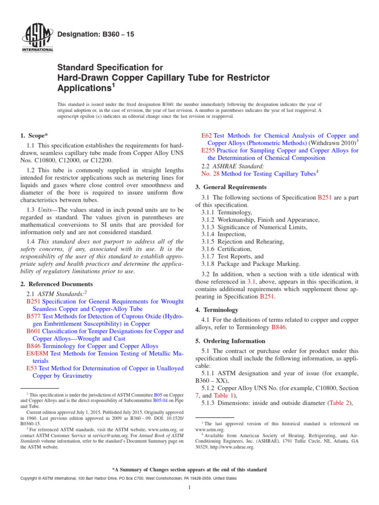 B360-15 Standard Specification for Hard-Drawn Copper Capillary Tube for ...