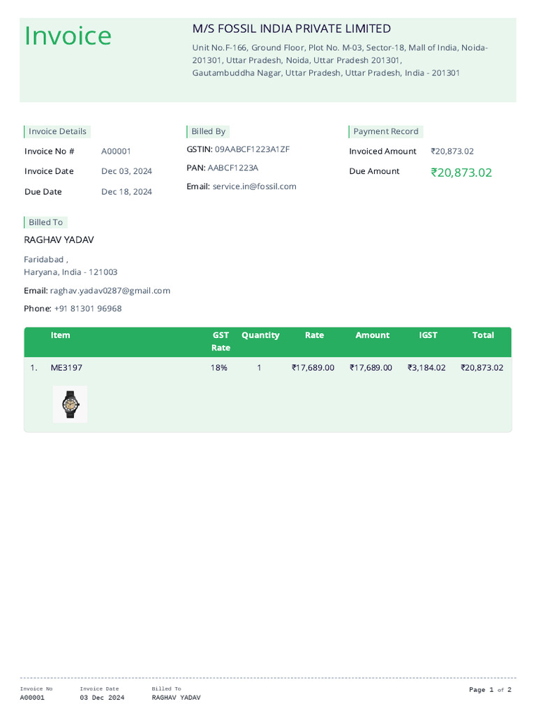 Invoice A00001 Ms Fossil India Private Limited Raghav Yadav | PDF