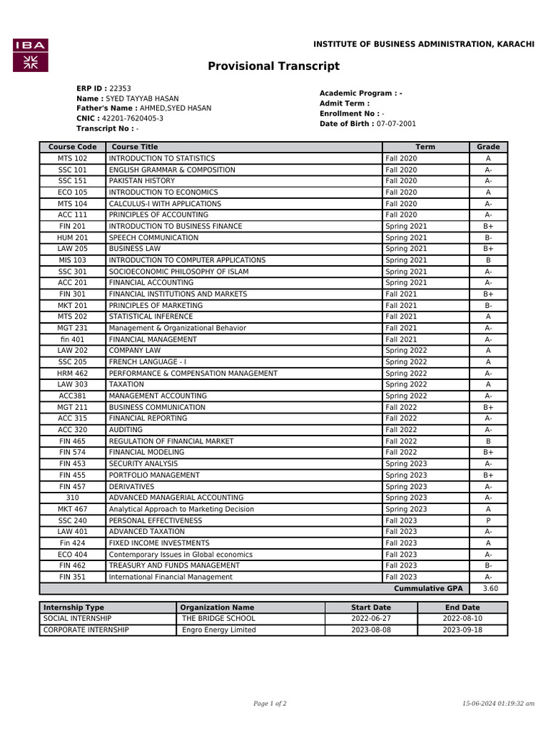 Student Transcript 1718396372 | PDF | Investment Management | Business