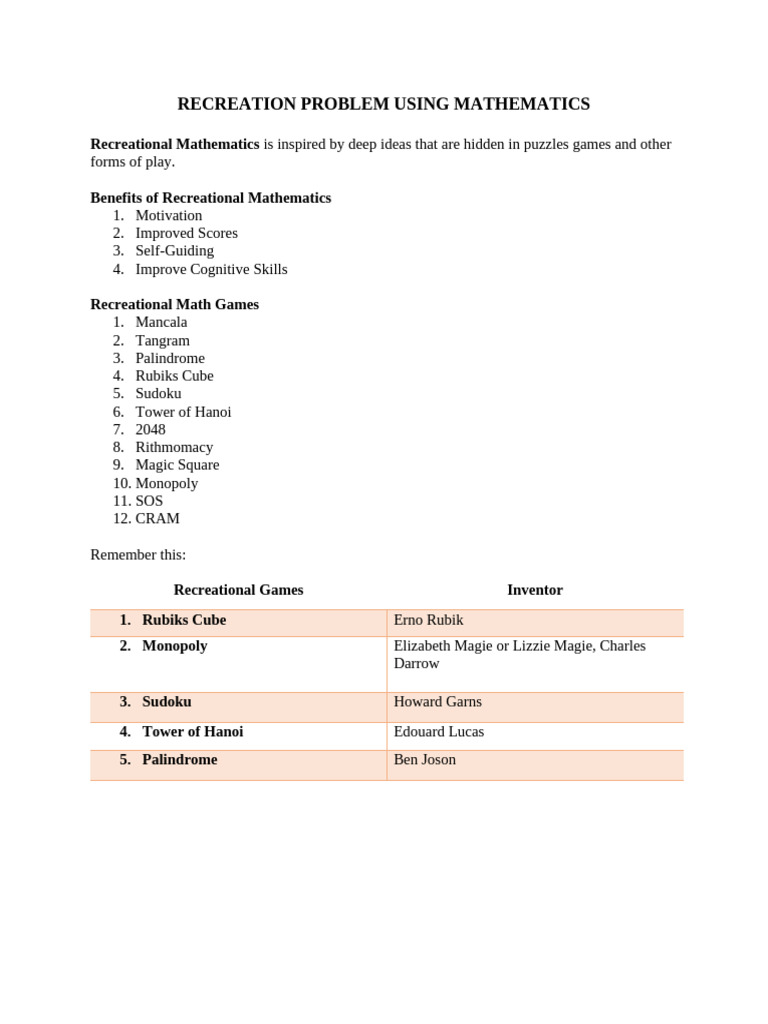 Recreation Problem Using Mathematics (2) | PDF