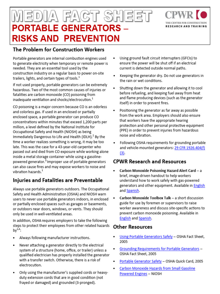 Portable Generators Fact Sheet | PDF | Occupational Safety And Health ...