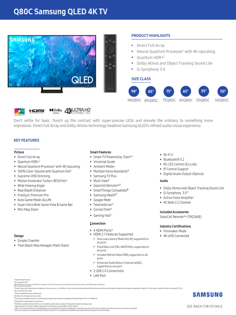 Samsung Q80C Spec Sheet | PDF | Hdmi | Information And Communications ...