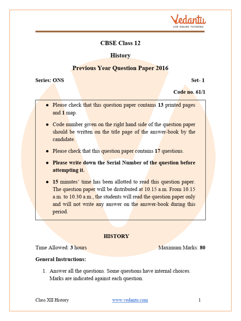 CBSE Class 12 History 2016 Question Paper | PDF