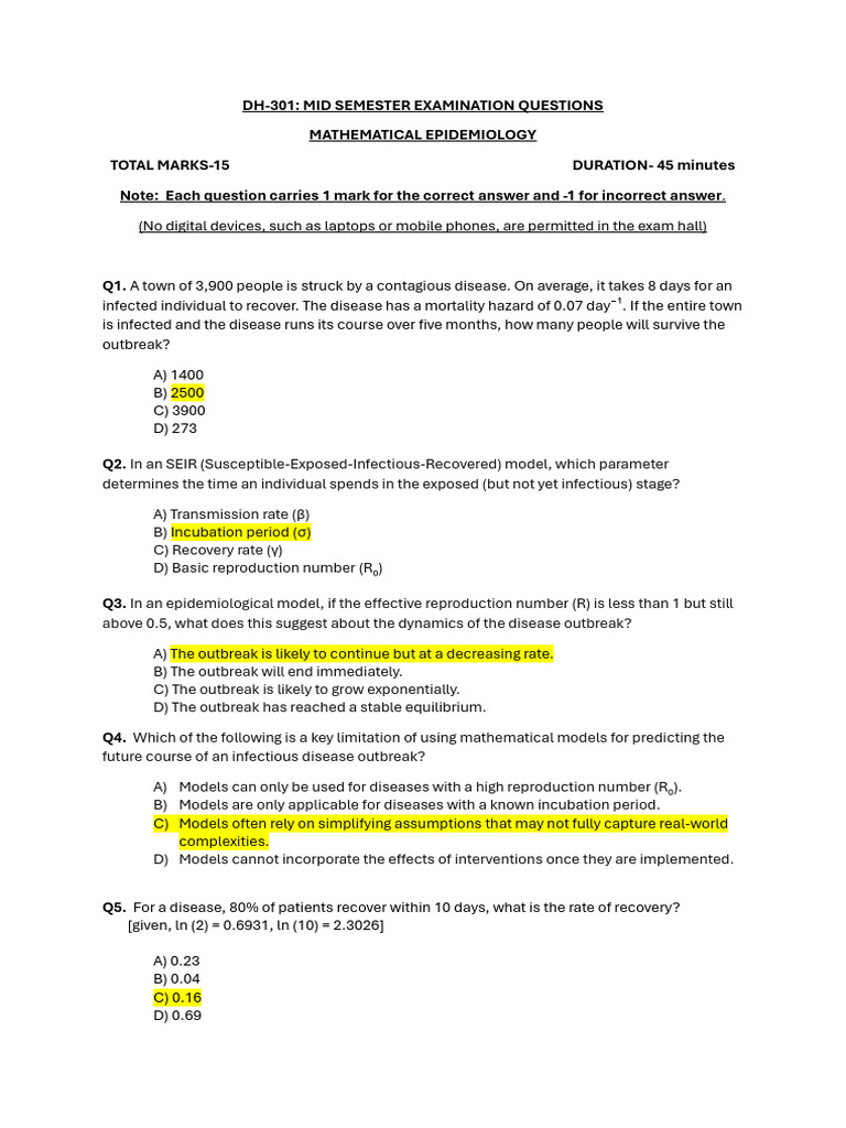 Mid Sem Exam - With Answer | PDF | Epidemiology | Health Sciences