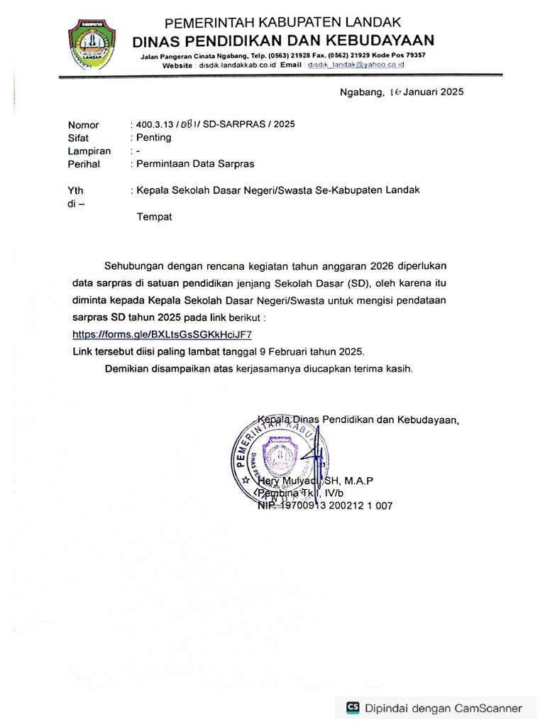 Surat Permintaan Data Sarpras SD | PDF