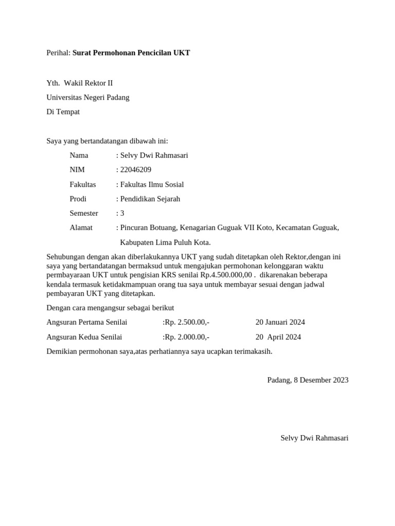 Surat permohonan UKT | PDF