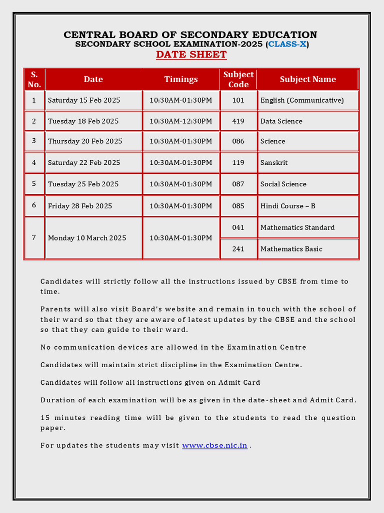 CBSE Class X Exam Date Sheet 2025 | PDF