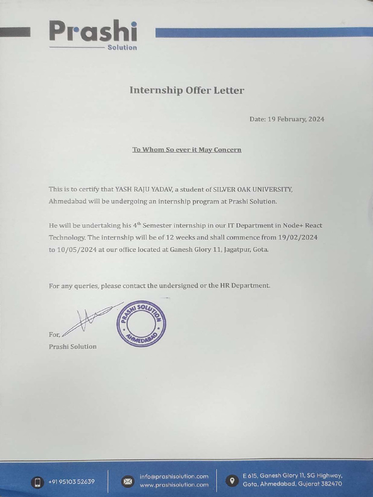 Internship Offer Letter - Yash Yadav | PDF