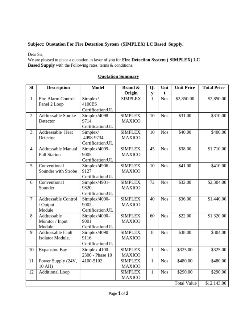 Quotation-362 (R2) - MSS-19-16 For Fire Detection System (SIMPLEX) | PDF | Detector (Radio)