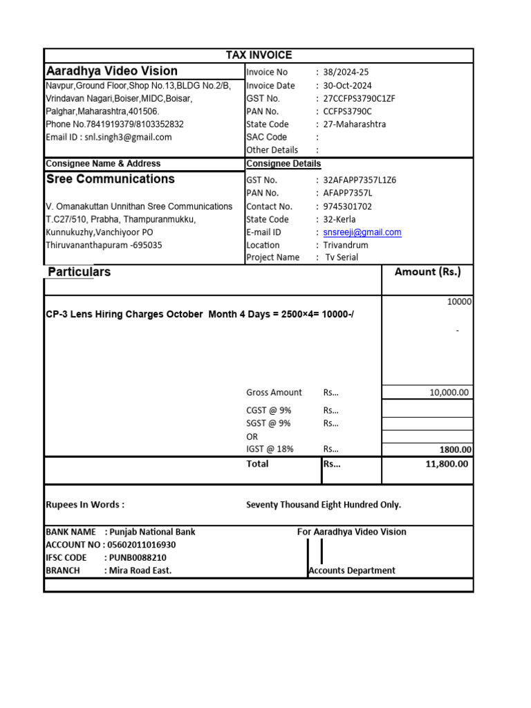 Aaradhya Video Vision Invoice 38/2024-25 | PDF