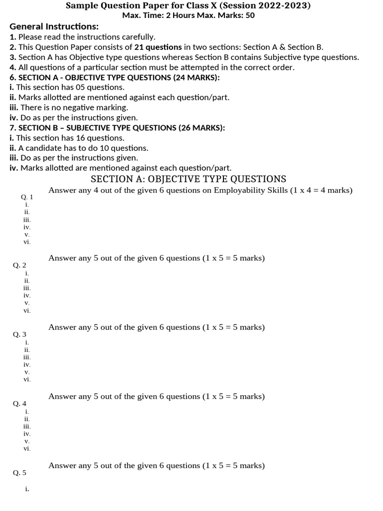 Sample Question Paper For Class X - New | PDF