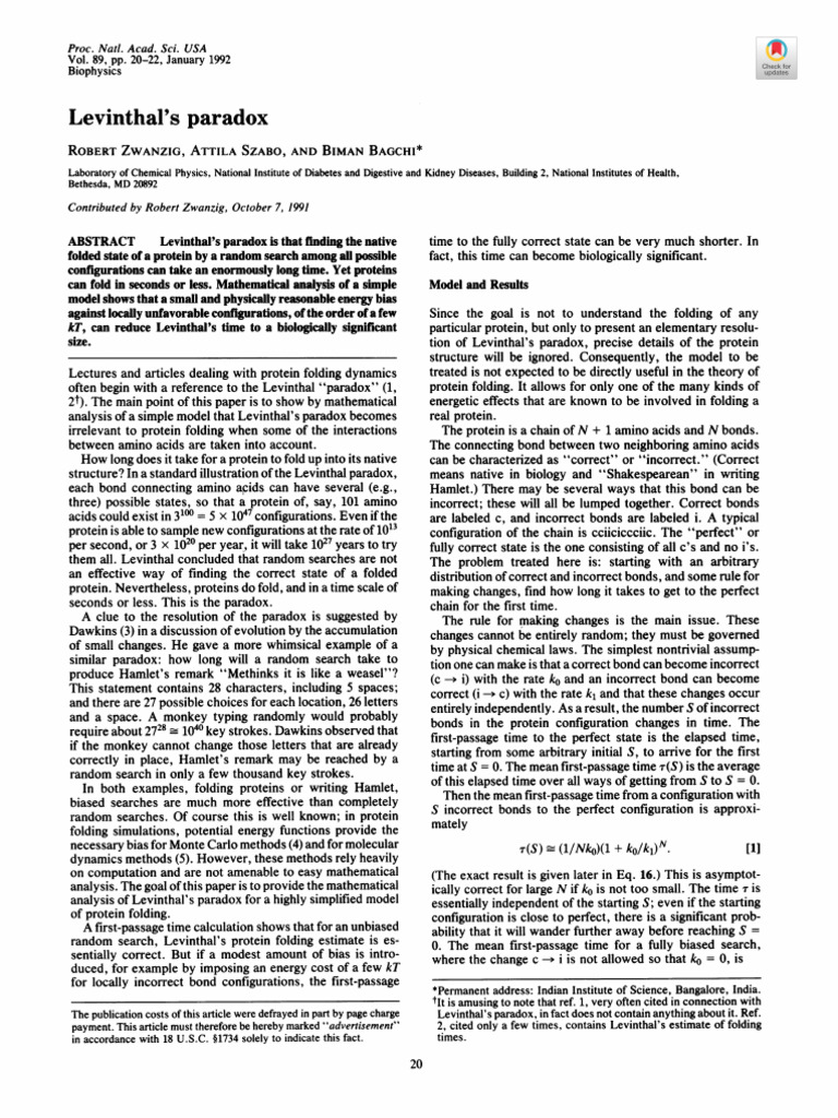 Zwanzig Et Al 1992 Levinthal S Paradox | PDF | Proteins | Protein Folding