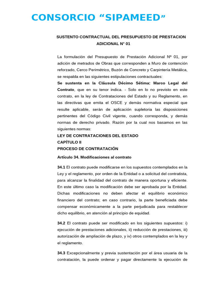 03 Sustento Contractual Del Adicional de Obra N°01 | PDF | Presupuesto