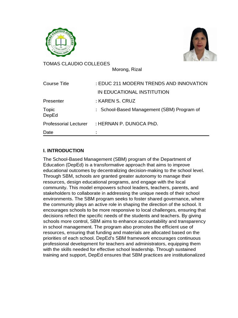 School-Based Management Program, Karen Cruz - Written Report | PDF ...