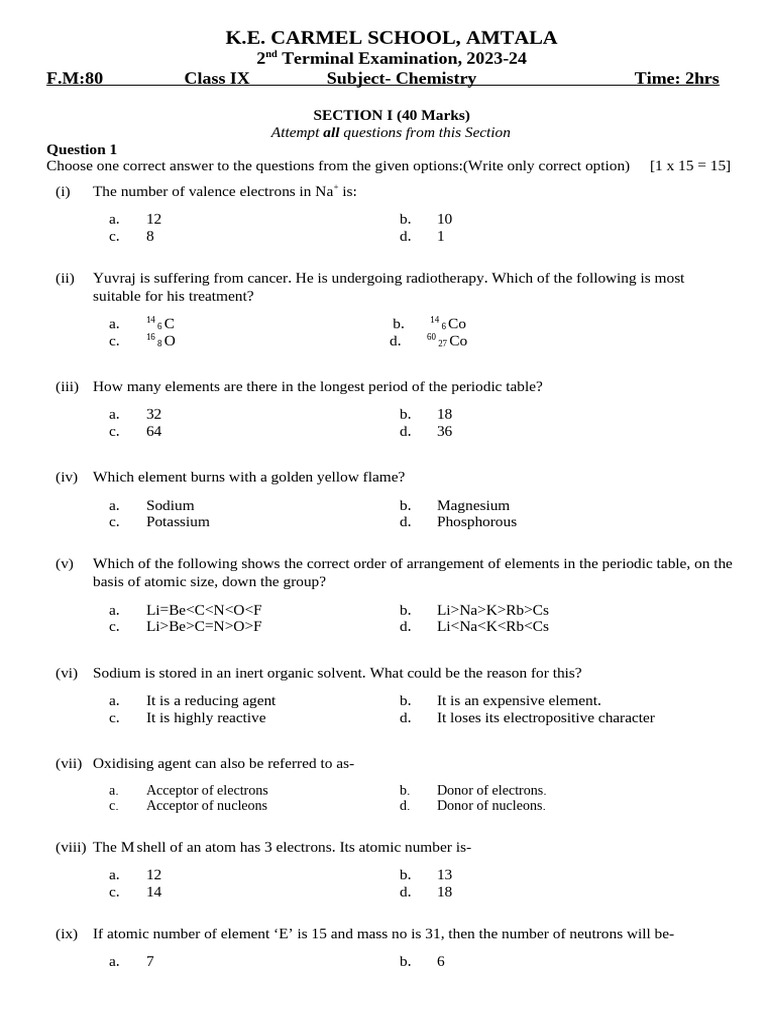 CLASS 9 CHEMISTRY QP 2nd Term 311023 | PDF | Periodic Table | Atomic