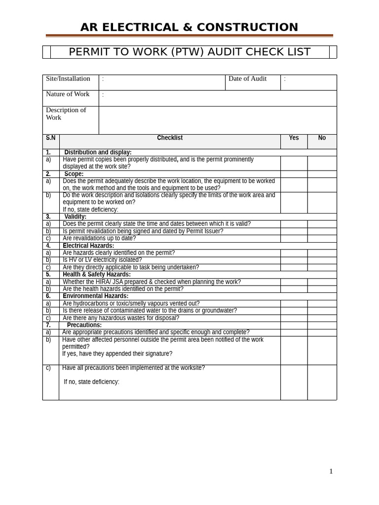 1. PTW audit checklist.rtf | PDF | Occupational Safety And Health | Working Conditions