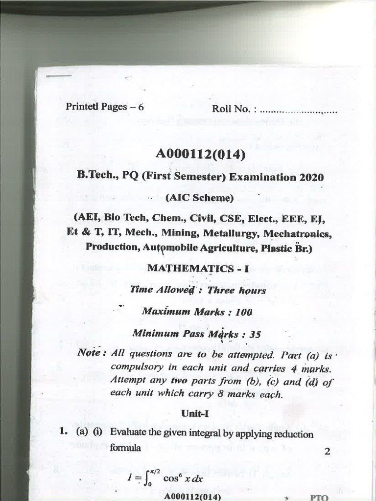 btech-1-sem-mathematics-1-a000112-2020 | PDF