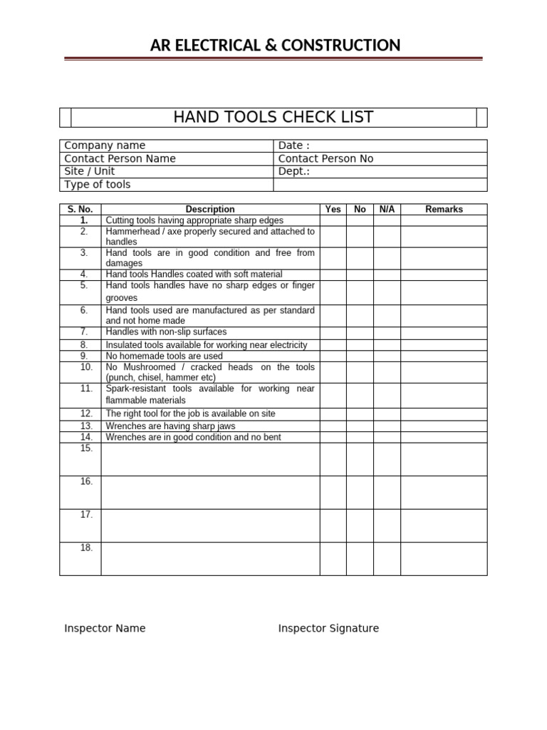 7. Hand Tools Checklist | PDF