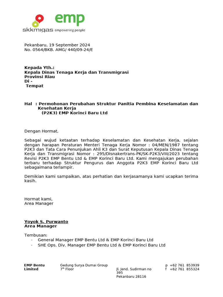2024 - Surat Permohonan Perubahan Struktur Panitia P2K3 - EMP Korinci ...