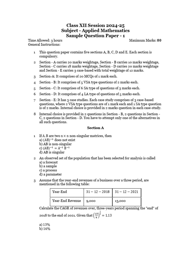 Sample Paper 1 Applied Mathematics | PDF | Interest | P Value