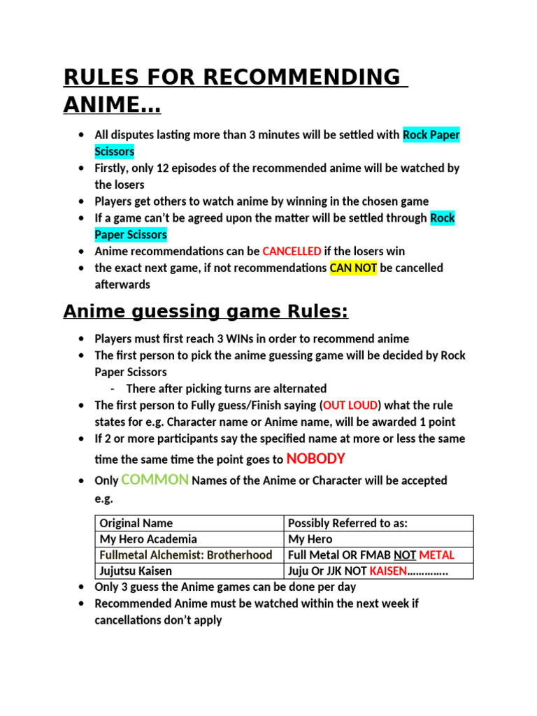 RULES FOR RECOMMENDING ANIME | PDF