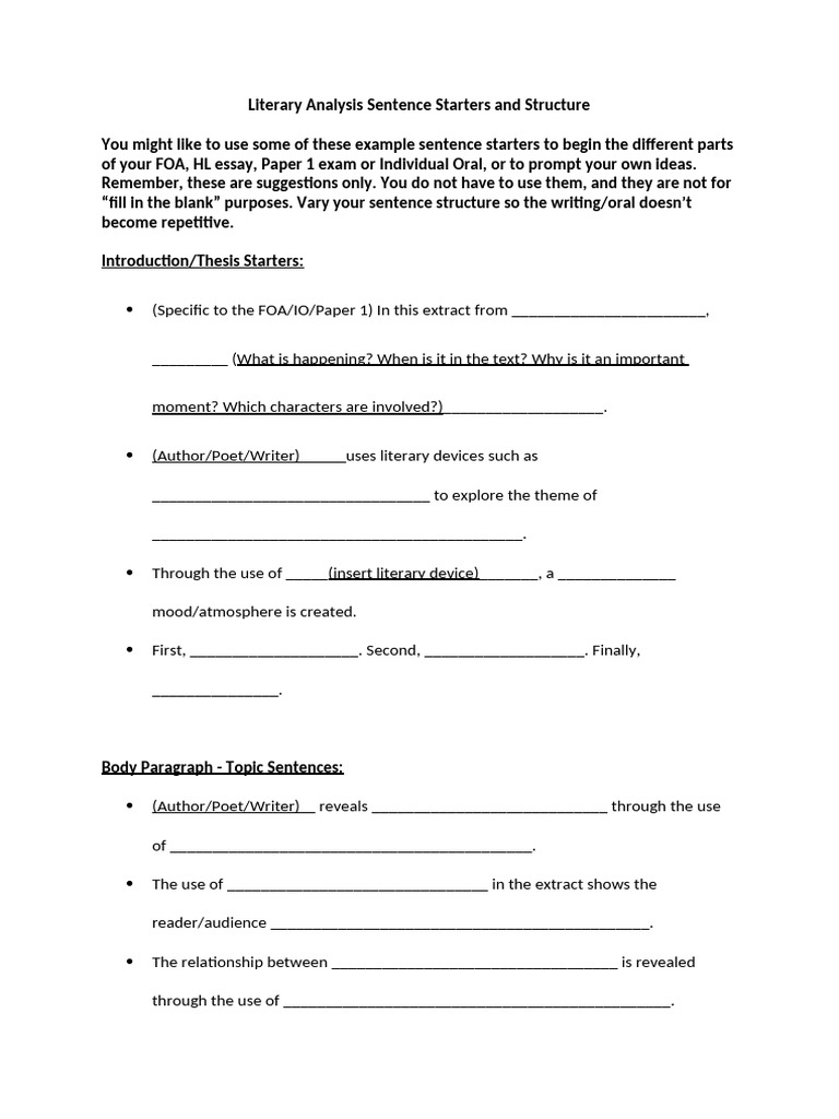 Literary Analysis Sentence Starters | PDF | Essays | Human Communication