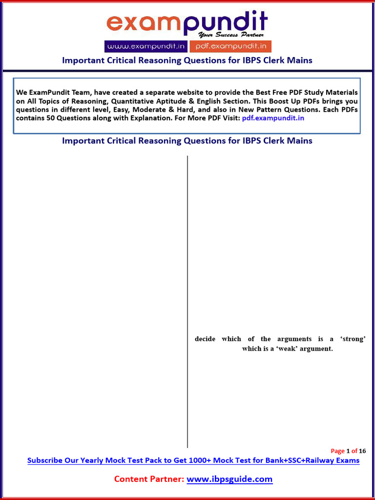 Important Critical Reasoning Questions For Ibps Clerk Mains | PDF ...